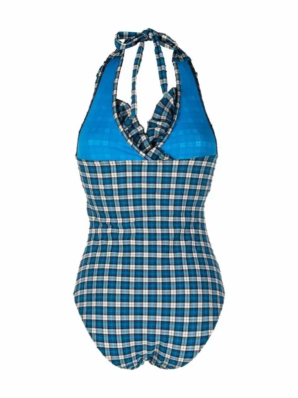 GANNI Plaid Check Print Halterneck Swimsuit With Ruffle Detail