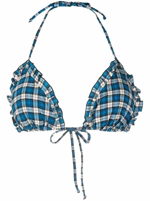 GANNI Plaid Check Print Bikini Top - Blue