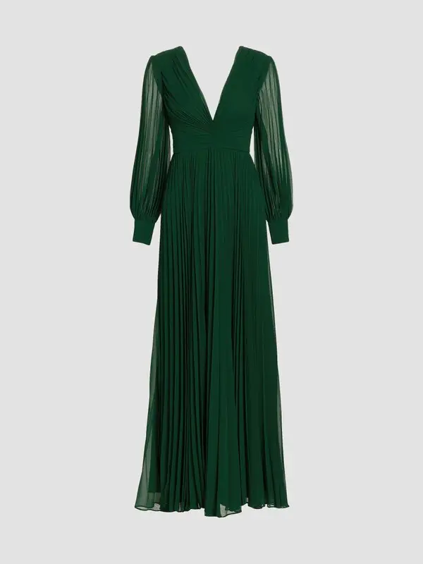 Badgley Mischka Pleated V-neck Gown - Dark Emerald