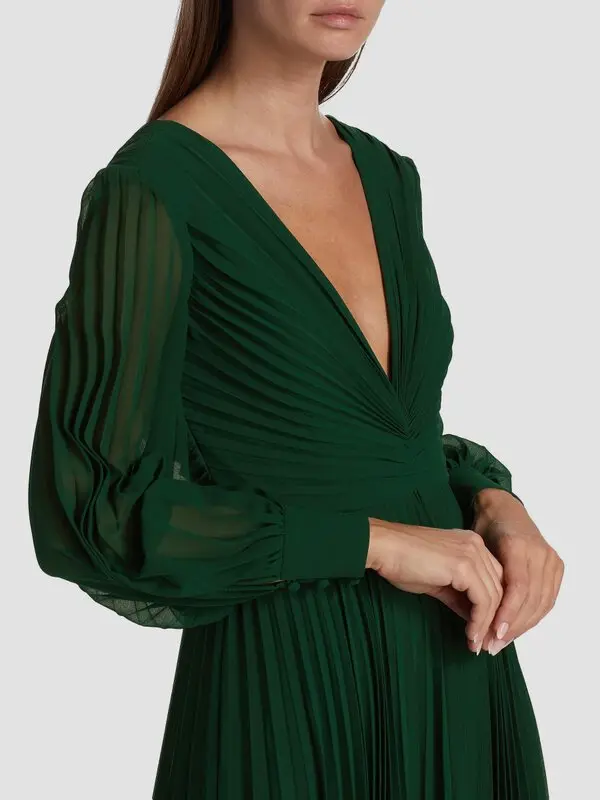 Badgley Mischka Pleated V-neck Gown