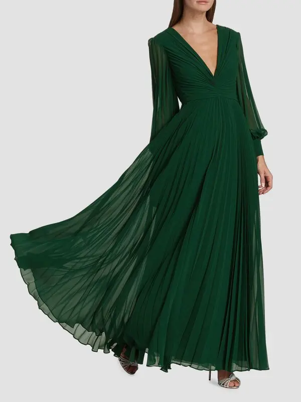 Badgley Mischka Pleated V-neck Gown