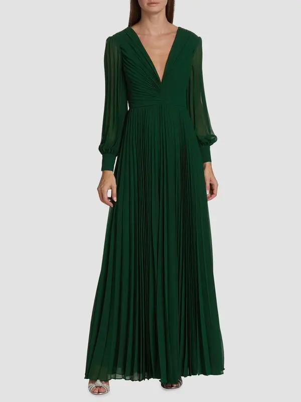Badgley Mischka Pleated V-neck Gown
