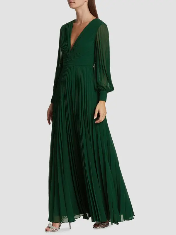 Badgley Mischka Pleated V-neck Gown