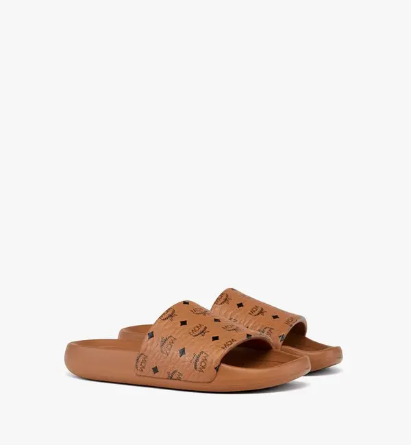 Mcm Monogram Print Rubber Slides - Cognac