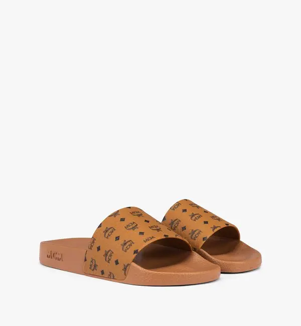 Mcm Monogram Rubber Slides - Cognac