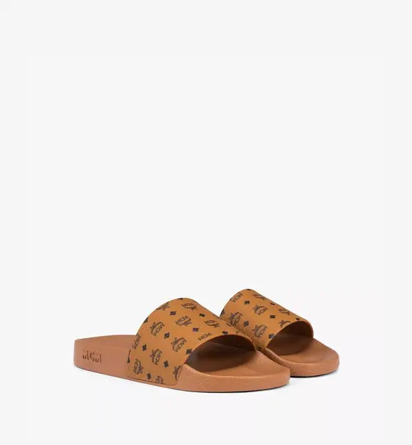 Mcm Monogram Print Rubber Slides - Cognac