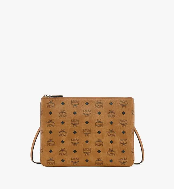 Mcm Visetos Original Monogram Pouch With Crossbody Strap - Cognac