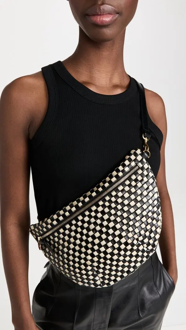Clare V. Woven Leather Fanny Pack - Black/cream Check