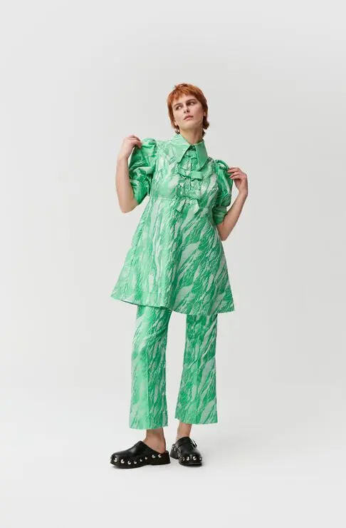 Ganni Short Sleeve Jacquard Jacquard Puff Sleeve Mini Dress In Green -  Island Green | Editorialist