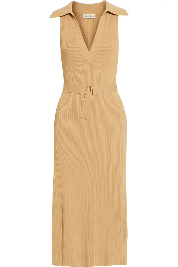 NICHOLAS Belted Ribbedknit Midi Dress - Beige