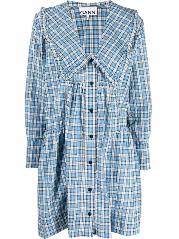 GANNI Check-print Gathered Mini Dress