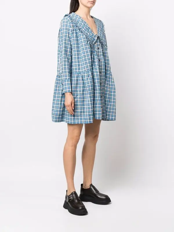 GANNI Check-print Gathered Mini Dress