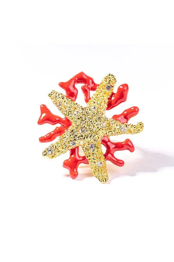 KENNETH JAY LANE Starfish And Enamel Branch Ring - Coral