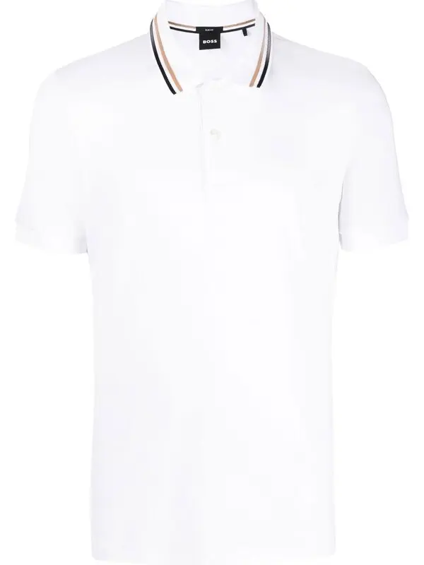 BOSS Stripe-collar Short Sleeved Polo Shirt - White
