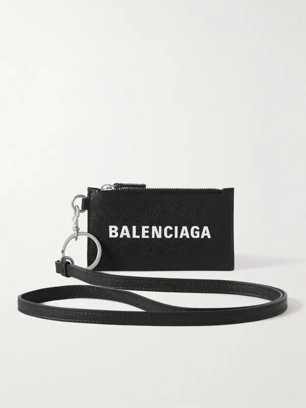 Balenciaga Logo-print Full-grain Leather Cardholder With Lanyard - Black