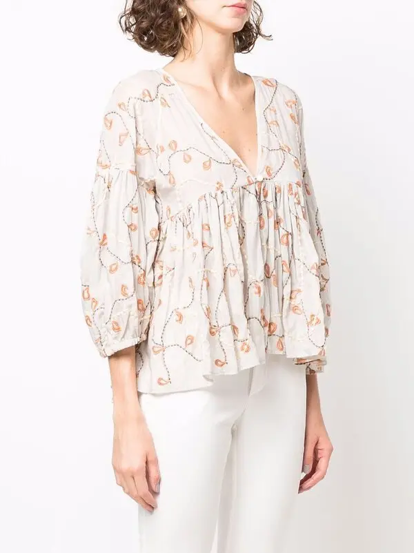 ALYSI Embroidered Flounce Smock Top