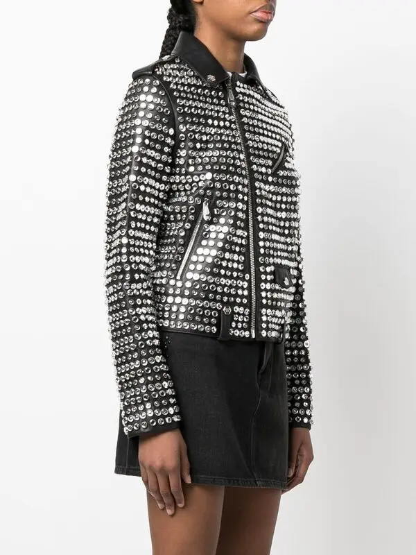 Philipp Plein Crystal-embellished Leather Biker Jacket