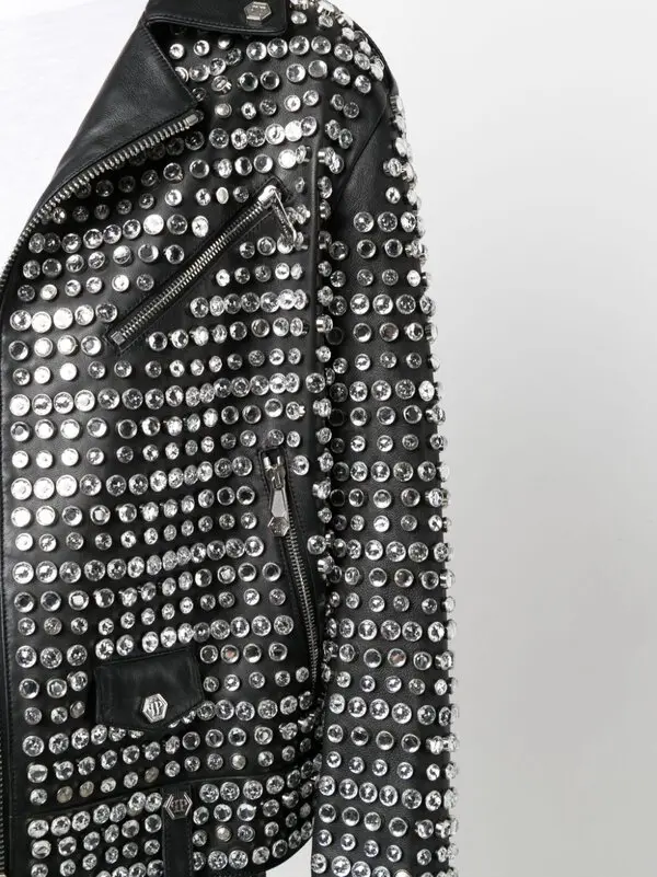 Philipp Plein Crystal-embellished Leather Biker Jacket