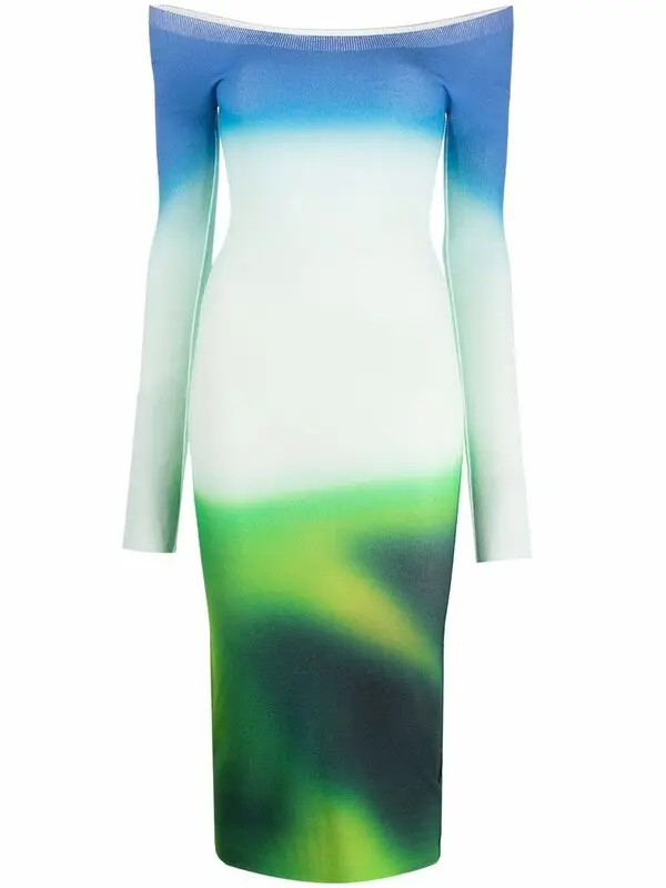 Off-White Blurred Seamless Knit Dress - Green