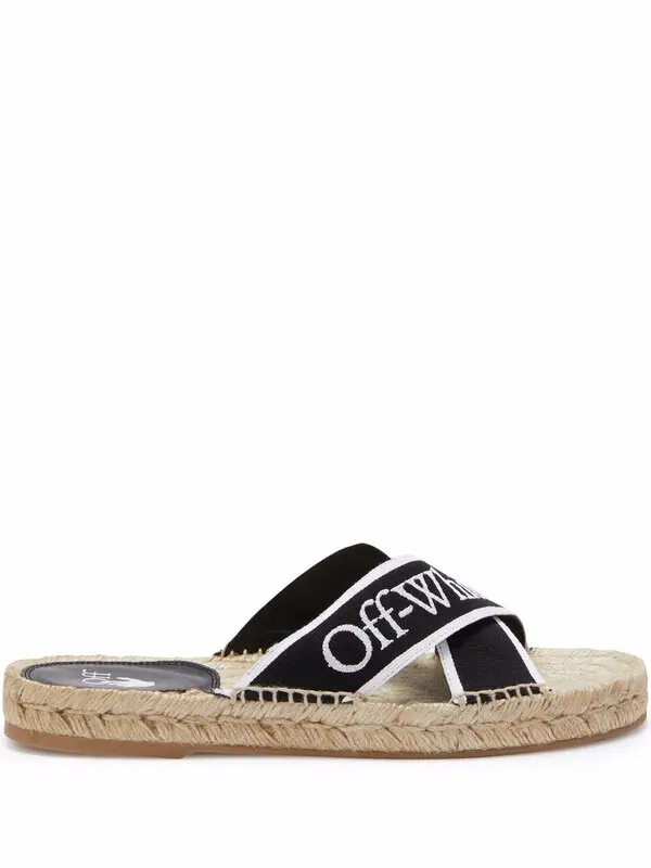 Off-White Cotton And Leather Crisscross Espadrille Sandals - Black