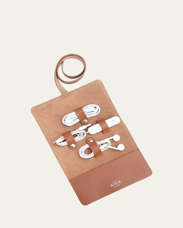 ROYCE NEW YORK Monogrammed Leather Tech Cord Accessory Organizer, Personalized - Tan