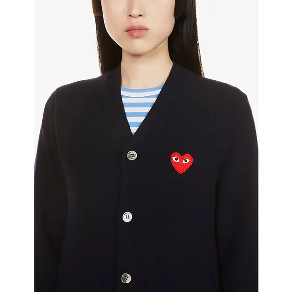 Play Comme Des Garcon Heart-embroidered Wool Cardigan - Navy