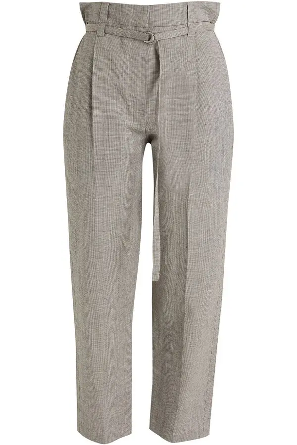 Brunello Cucinelli Belted Houndstooth Wool And Linenblend Tapered Pants - Chocolate