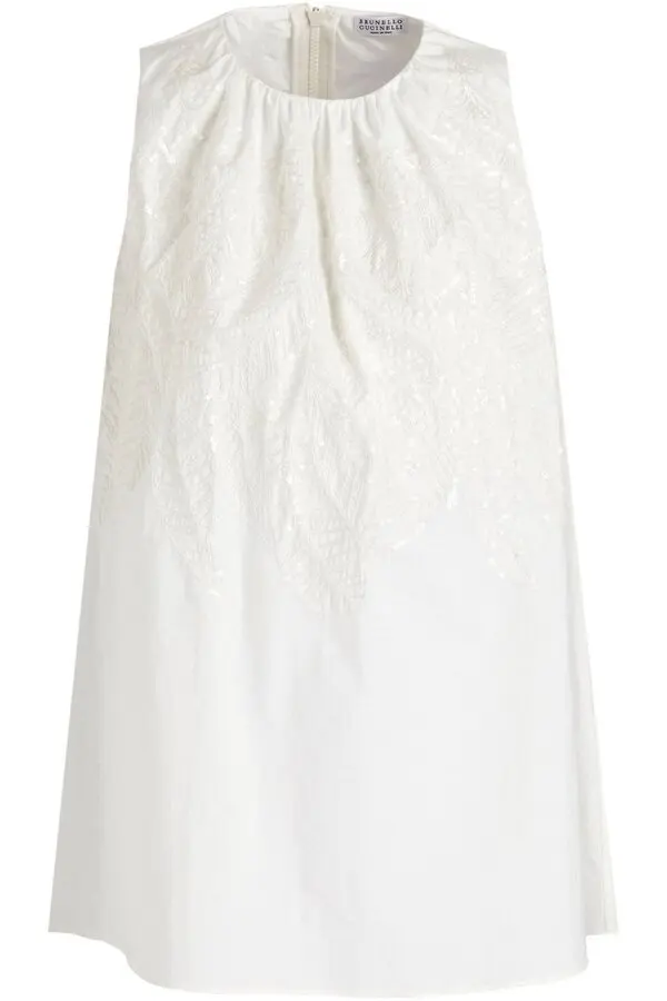 Brunello Cucinelli Embellished Gathered Cottonblend Poplin Top - Ivory