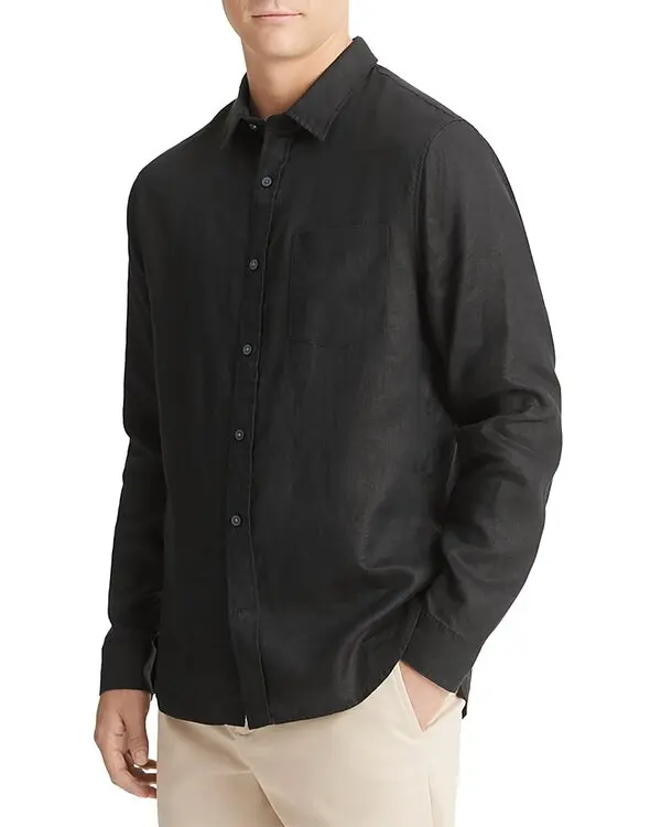 Vince Solid Linen Button Down Shirt - Black