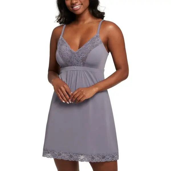 MONTELLE INTIMATES Lace Trim Full Bust Support Chemise - Crystal Grey
