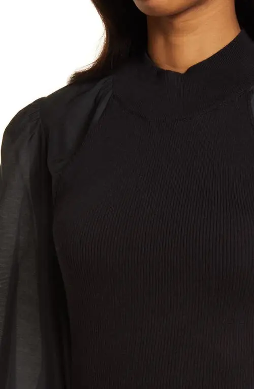 ALLSAINTS Cleo Mixed Media Balloon Sleeve Cotton Blend Blouse