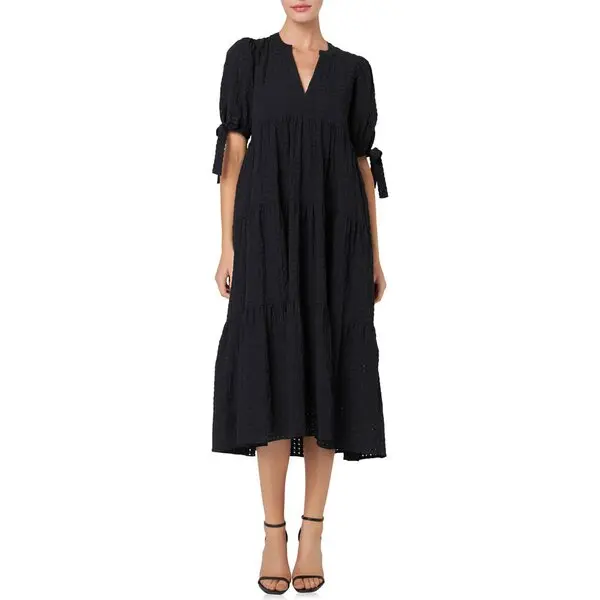 English Factory Gingham Tiered Midi Dress - Black