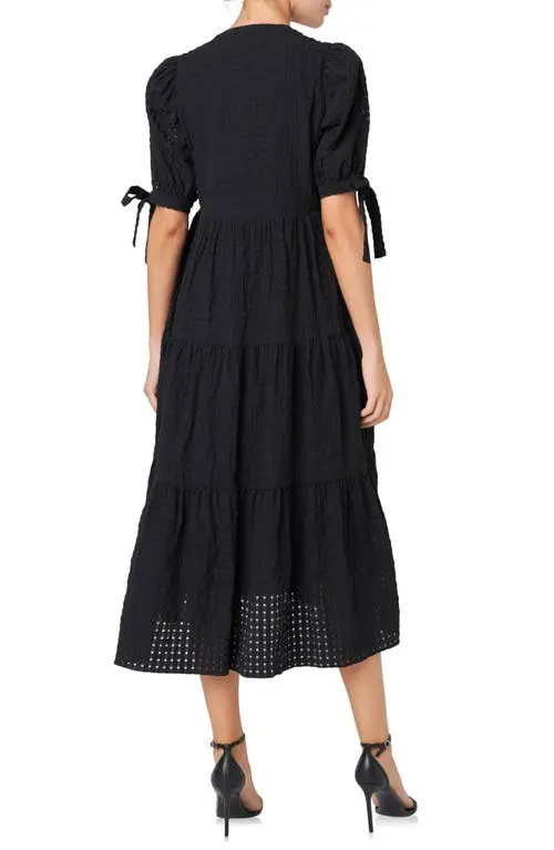 English Factory Gingham Tiered Midi Dress - Black