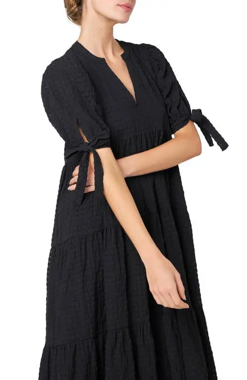 English Factory Gingham Tiered Midi Dress - Black