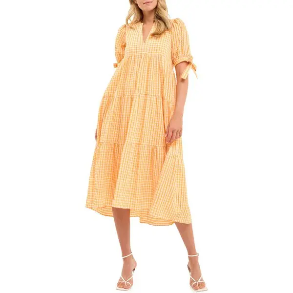 English Factory Gingham Tiered Midi Dress - Orange