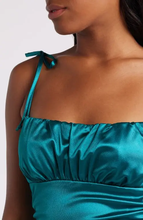 EMERALD SUNDAE Tie-shoulder Ruched Satin Mini Dress