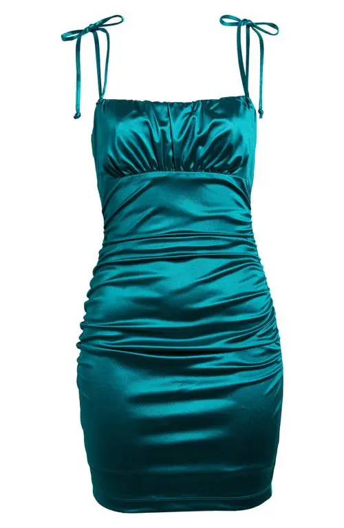 EMERALD SUNDAE Tie-shoulder Ruched Satin Mini Dress