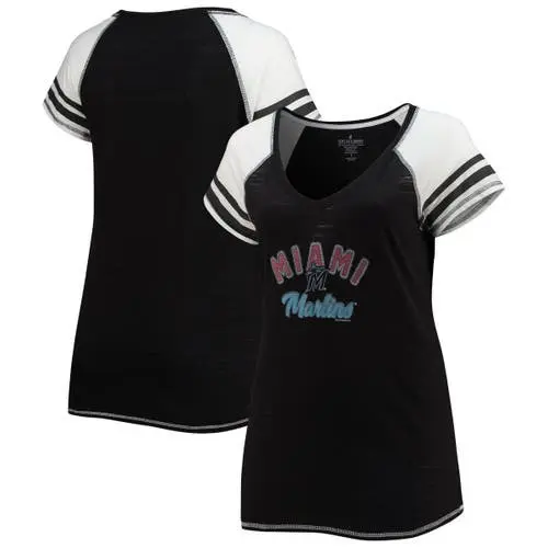 SOFT AS A GRAPE Miami Marlins Curvy Colorblock Tri-blend Raglan V-neck T-shirt - Black
