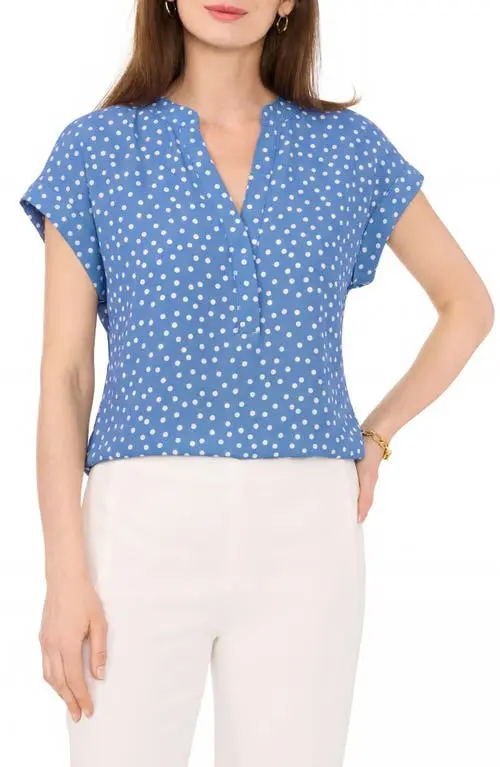 Chaus Split Neck Georgette Blouse - Blue White Dot