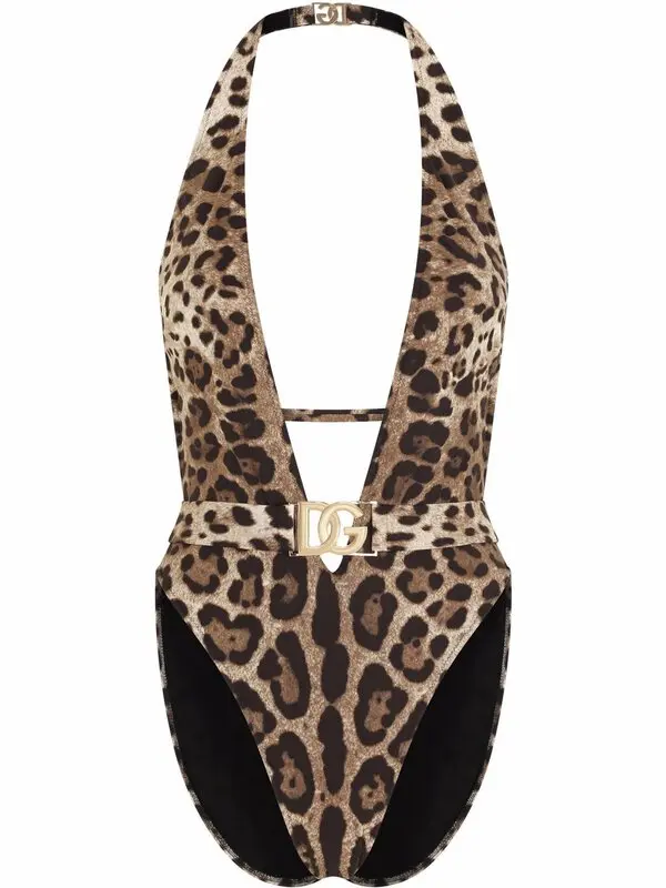 Dolce & Gabbana Leopard-print Belted Swimsuit - Brown
