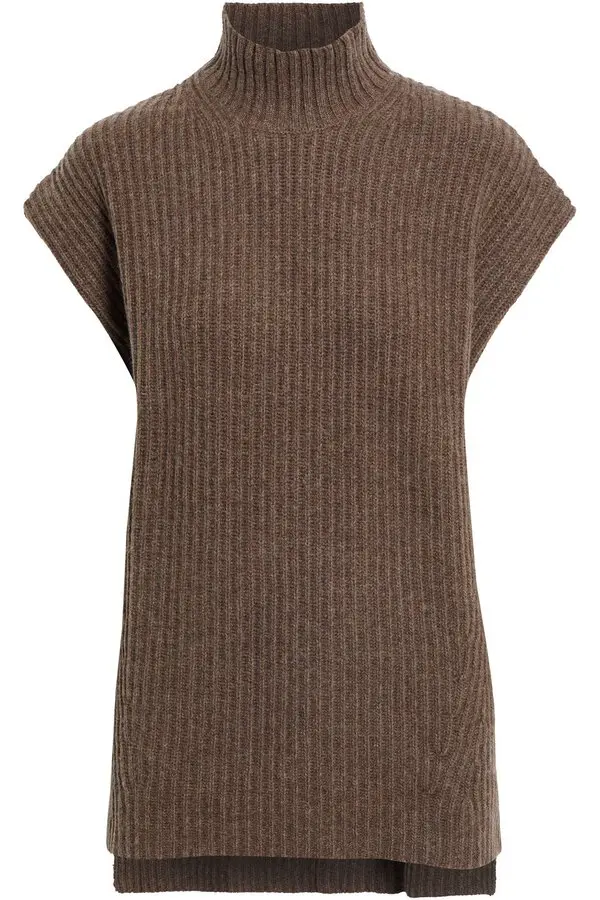 GANNI Ribbed Knit Turtleneck Top - Taupe
