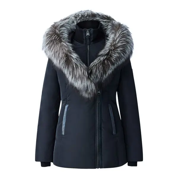 Mackage Down Coat With Silver Fox Fur Signature Collar - Black