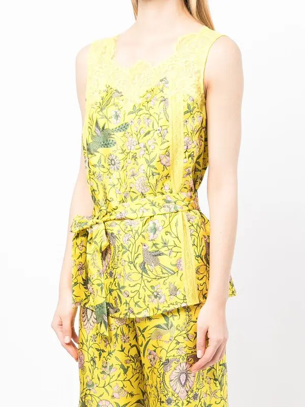 Shiatzy Chen Sleeveless Floral Print Silk Top - Yellow
