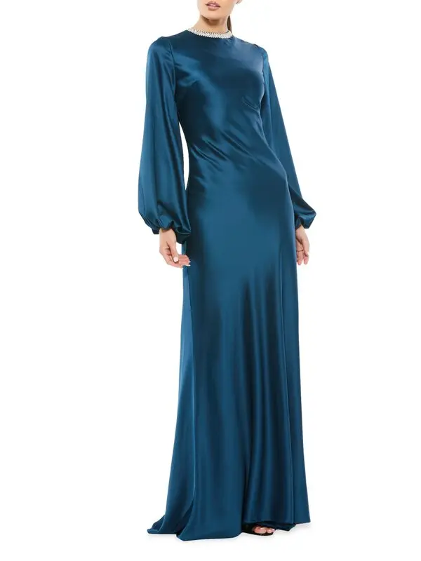 Mac Duggal Ieena Satin Sheath Gown - Emerald