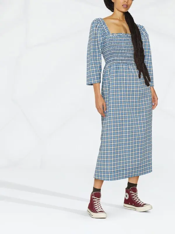 GANNI Seersucker Checked Midi Dress