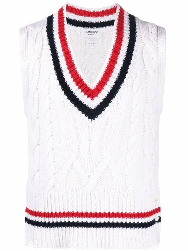 Thom Browne Rwb Trim Cable Knit Tank Top - White