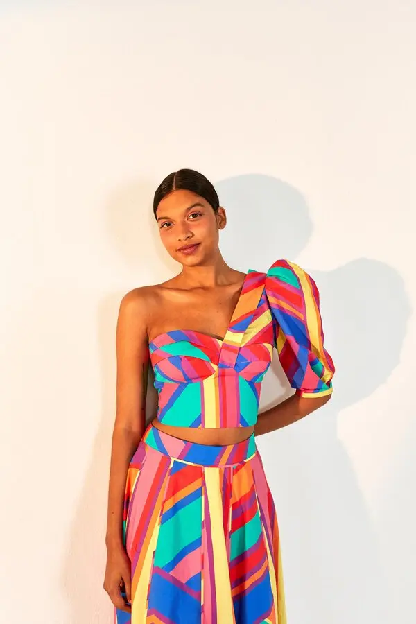 Farm Rio Bruna Stripes One Shoulder Crop Top