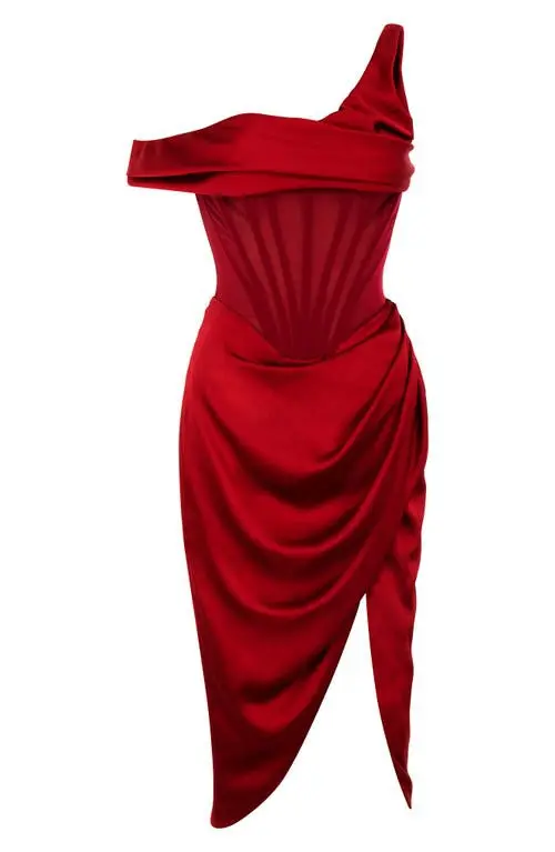 House Of Cb Lulu Corset One-Shoulder Satin Midi Dress Red