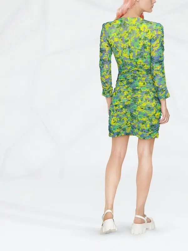 Ganni Floral-Print Ruched Mesh Dress In Green - 50% Off | Editorialist