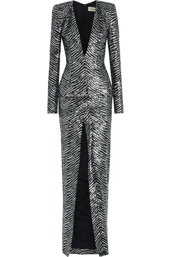 Alexandre Vauthier Zebra Print Sequin Mesh Maxi Dress - Silver
